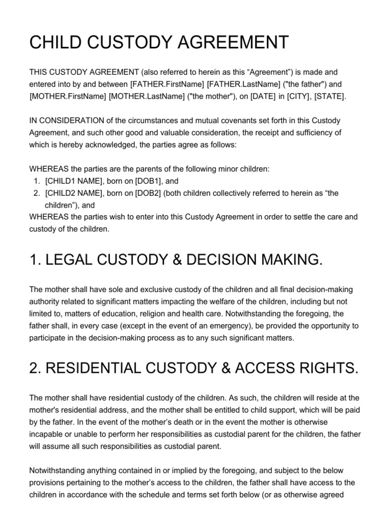 Child Custody Agreement PDF Child Custody Living Arrangements