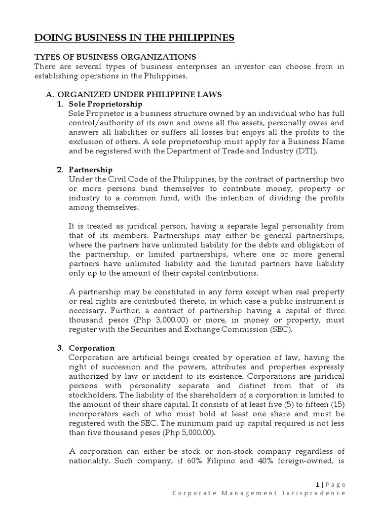 Doing Business in The Philippines | PDF | Corporations | Partnership
