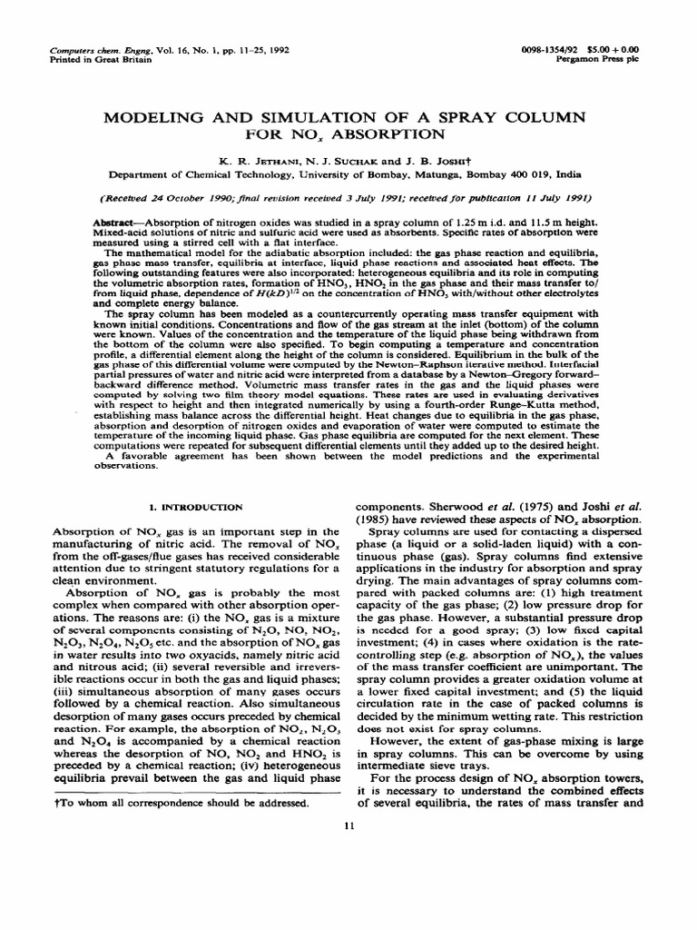 Modeling and Simulation of A Spray Column For NOx Absorption | PDF ...