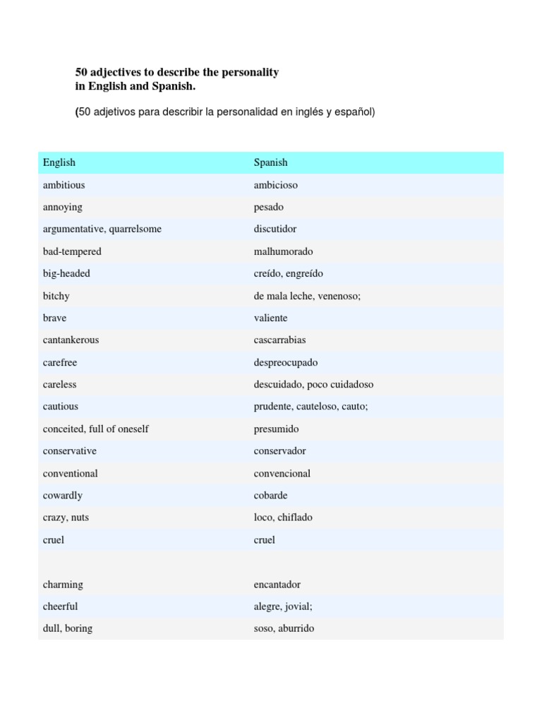 Adjetivos de Personalidad Bilingües | PDF