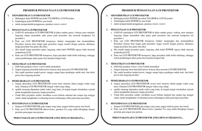 Prosedur Penggunaan LCD Proyektor | PDF