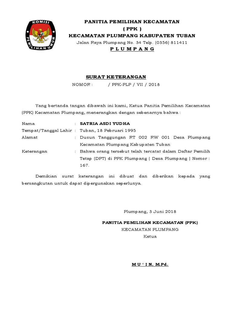 Surat Keterangan Panitia Pemilihan Kecamatan | PDF
