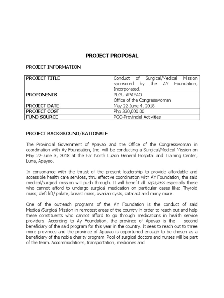 Project Proposal Ay Foundation Medical Mission 2018 | PDF | Surgery ...