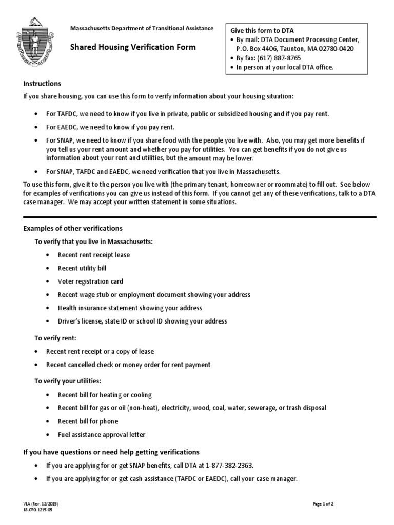 Shared Housing Verification Form | PDF | Supplemental Nutrition ...