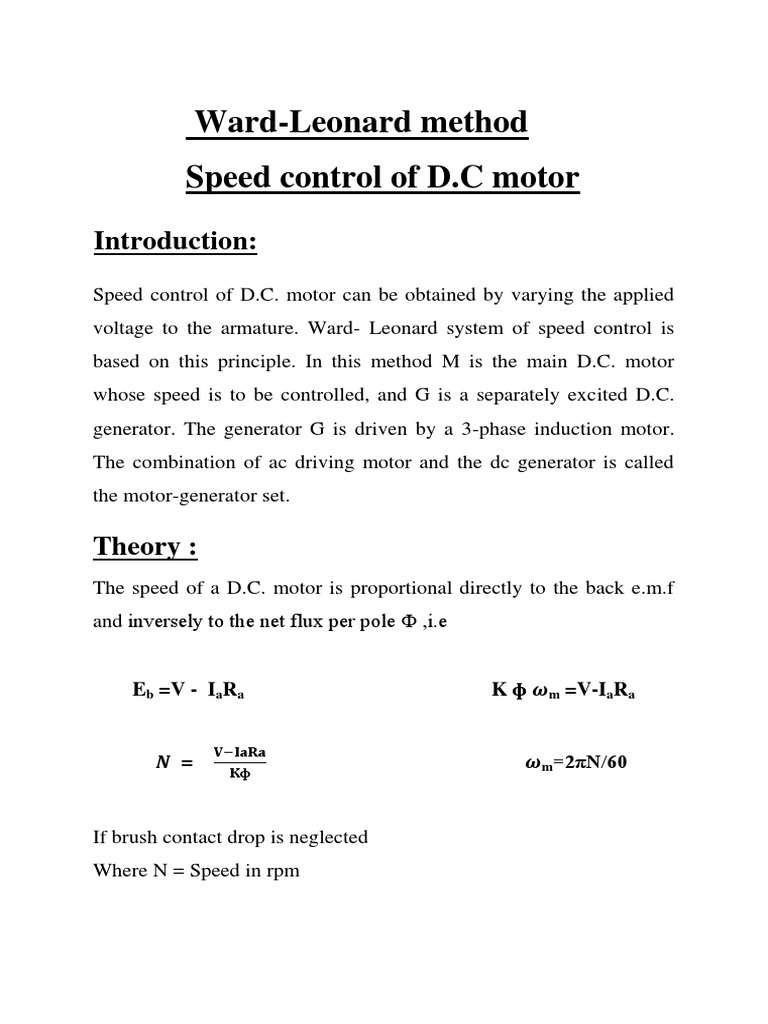 Ward-Leonard Speed Control Method for DC Motors | PDF | Electric ...