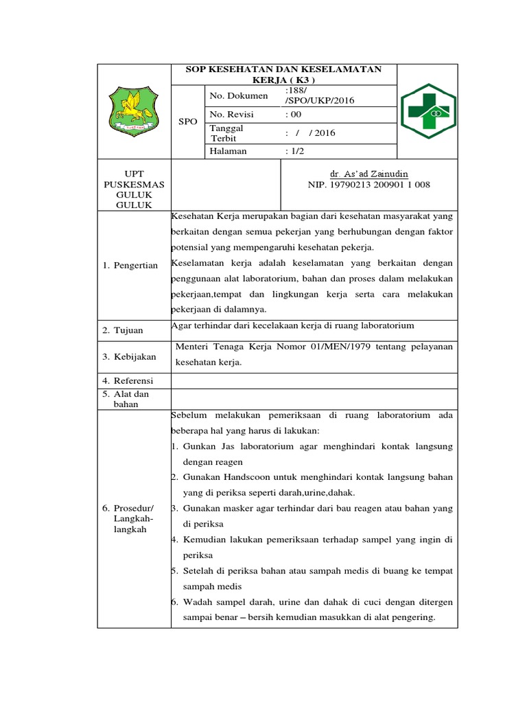 Sop Kesehatan Dan Keselamatan Kerja (k3) | PDF