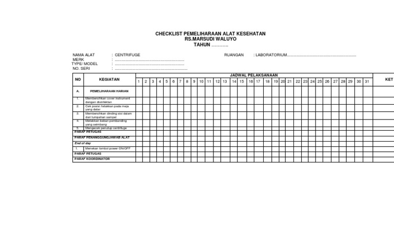Checklist Pemeliharaan Alkes Centrifuge | PDF | Teknologi & Rekayasa