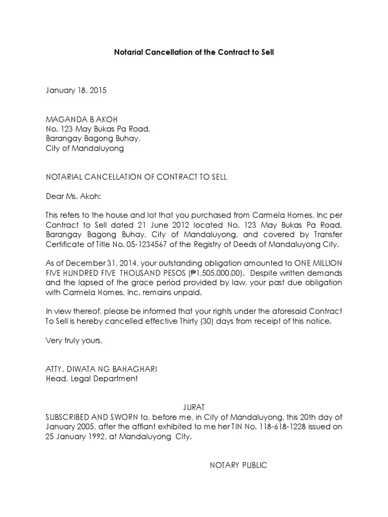 Notarial Cancellation of The Contract To Sell