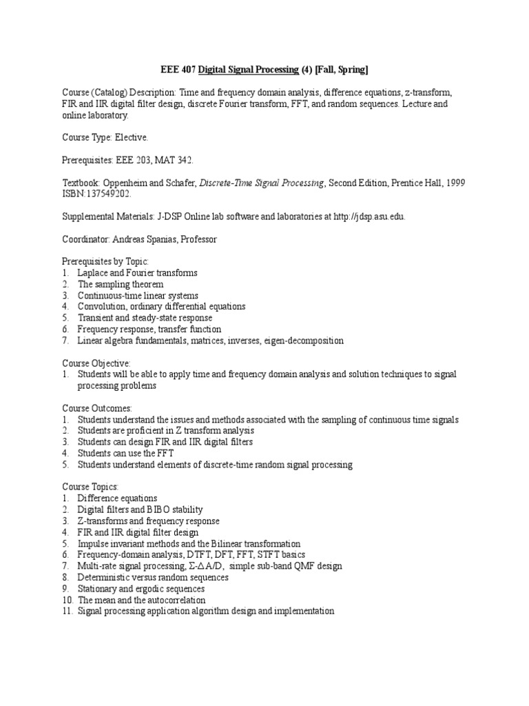 Eee407 Fa09 DSP | PDF | Digital Signal Processing | Signal Processing