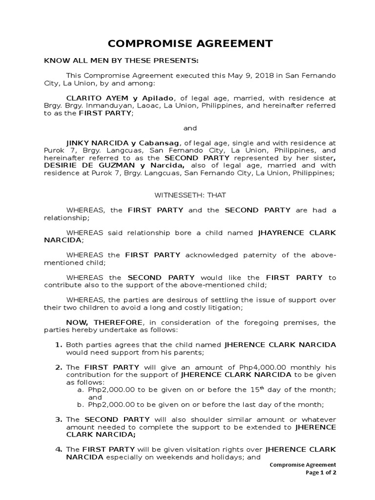 Compromise Agreement for Child Support | PDF | Social Institutions ...