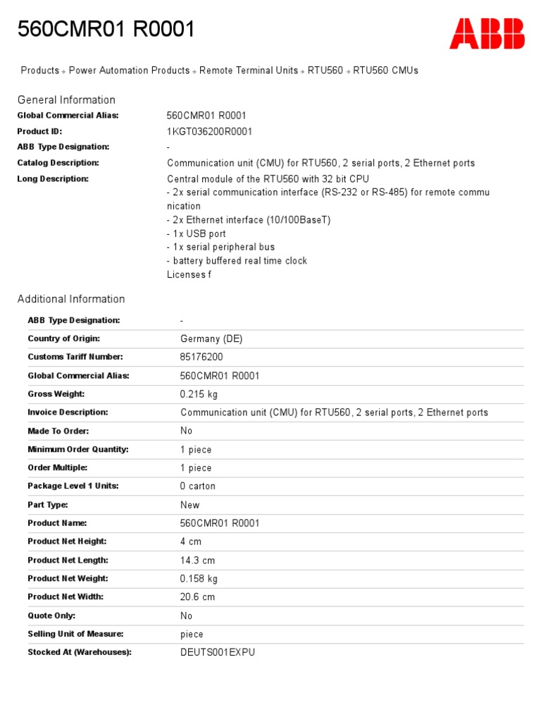 1KGT036200R0001 Communication Unit Cmu For Rtu560 2 Serial Ports 2 ...