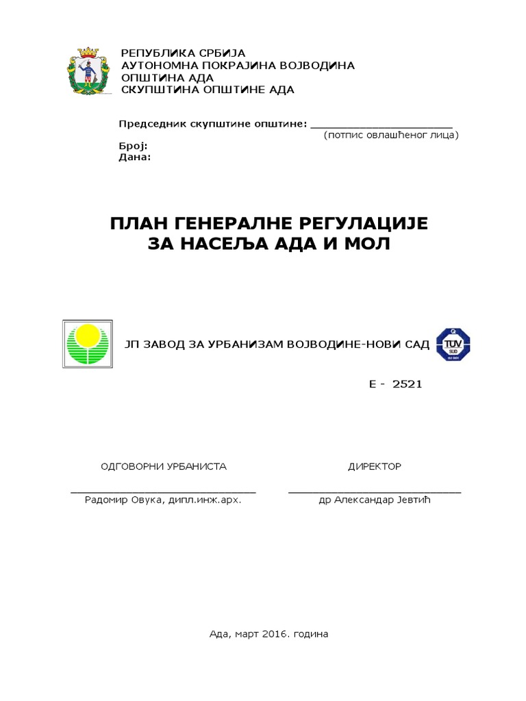 Plan Generalne Regulacije Naselja Ada I Mol | PDF