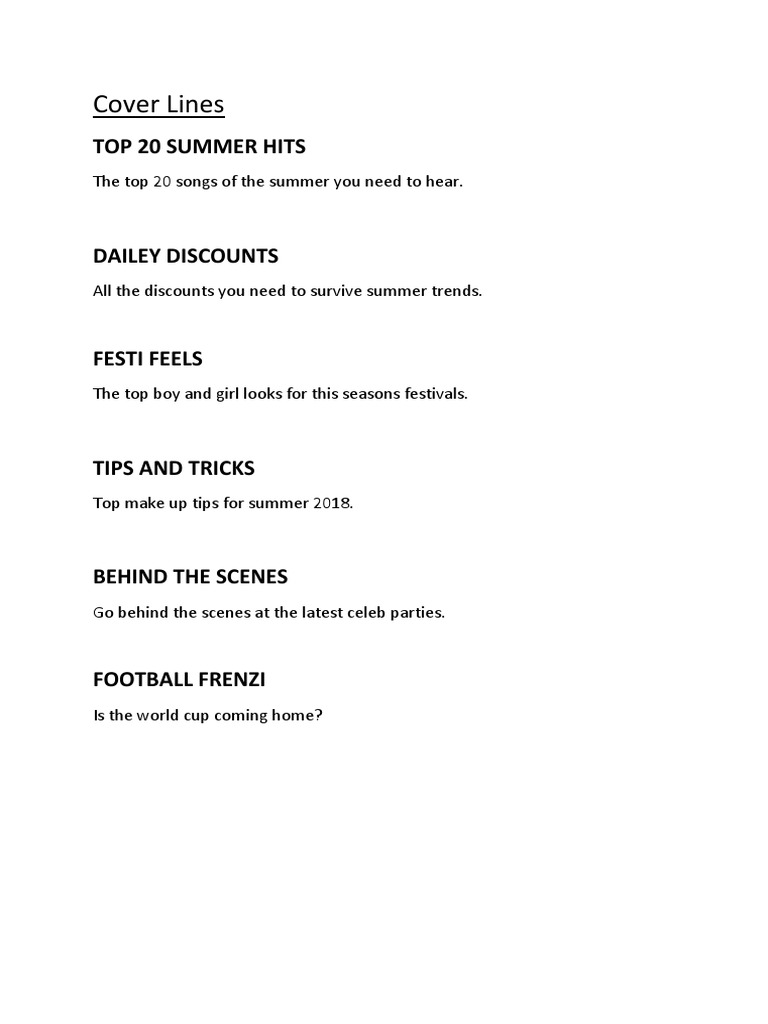 Cover Lines: Top 20 Summer Hits | PDF
