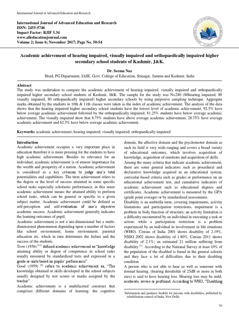 Academic Achievement of Hearing Impaired, Visually Impaired and ...