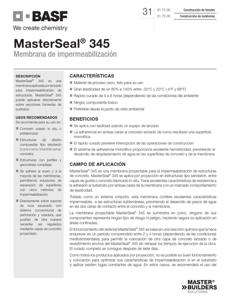 BASF MasterSeal 345 - Ficha Técnica | PDF | Hormigón | Agua