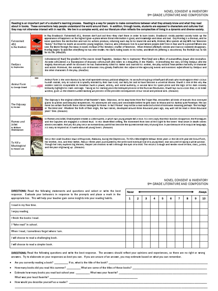 9th Grade Reading Inventory and Text Description 2018-2019 | PDF | To ...
