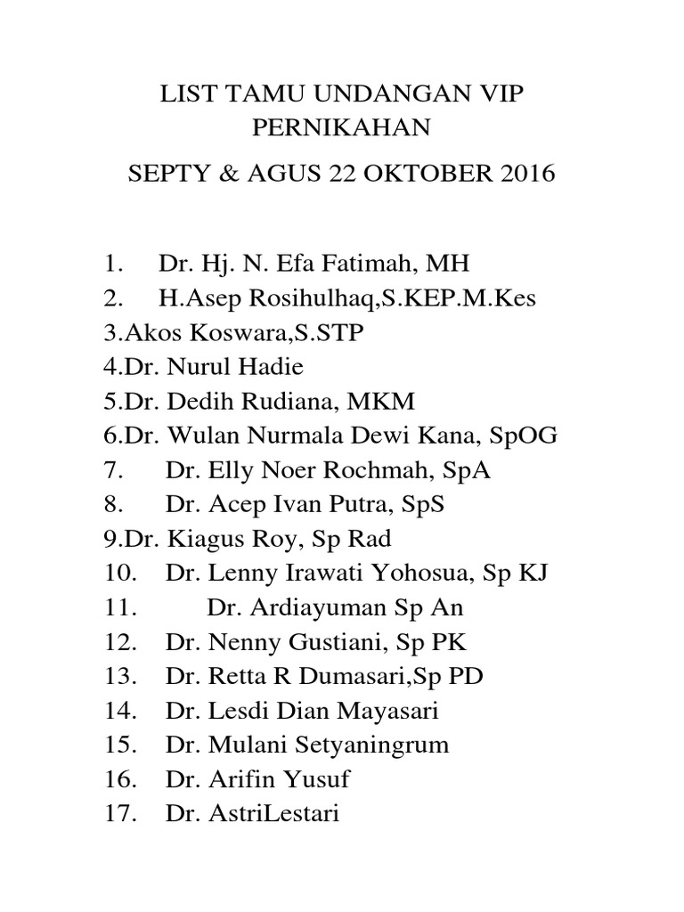 List Tamu Undangan Vip Pernikahan Septy&Agus | PDF