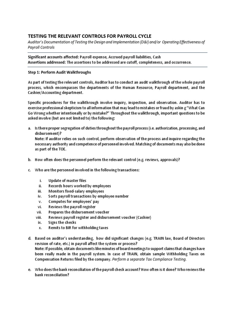 Testing The Relevant Controls For Payroll Cycle | PDF | Payroll | Fraud