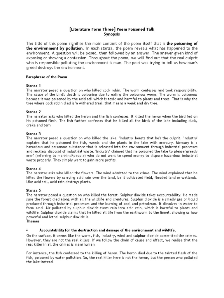 (Literature Form Three) Poem Poisoned Talk Synopsis: Paraphrase of The ...