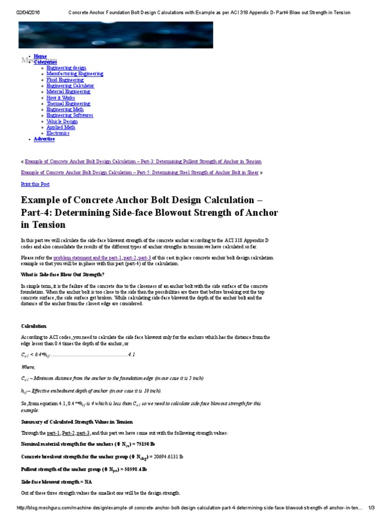 Concrete Anchor Foundation Bolt Design Calculations With Example As Per ...
