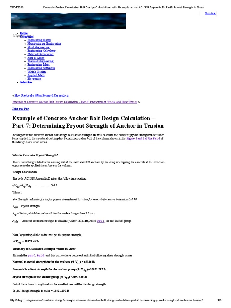 Concrete Anchor Foundation Bolt Design Calculations With Example As Per ...