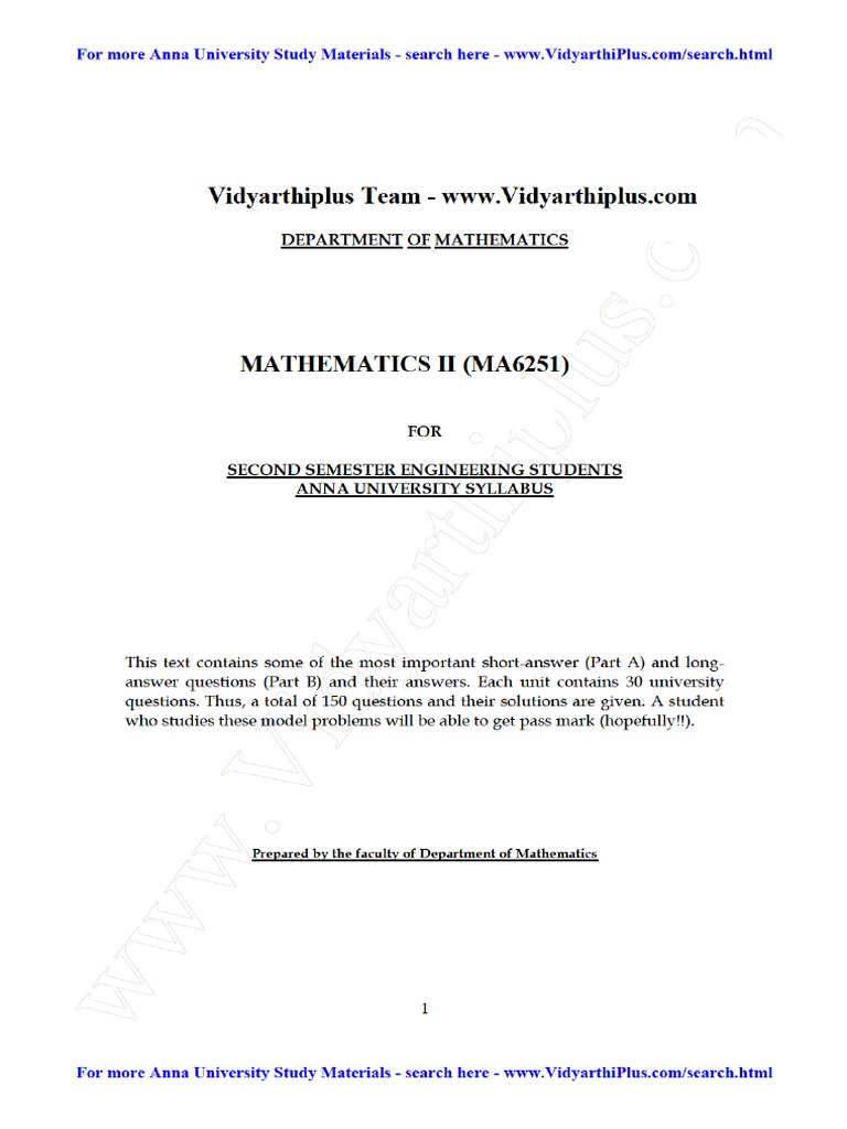 MA6251 Engineering Mathematics II Regulation 2013 Lecture Notes All ...