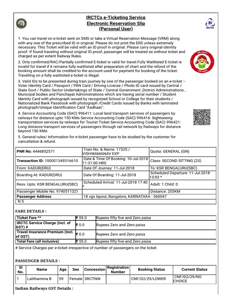 Irctcs E-Ticketing Service Electronic Reservation Slip (Personal User) | PDF | Identity Document ...