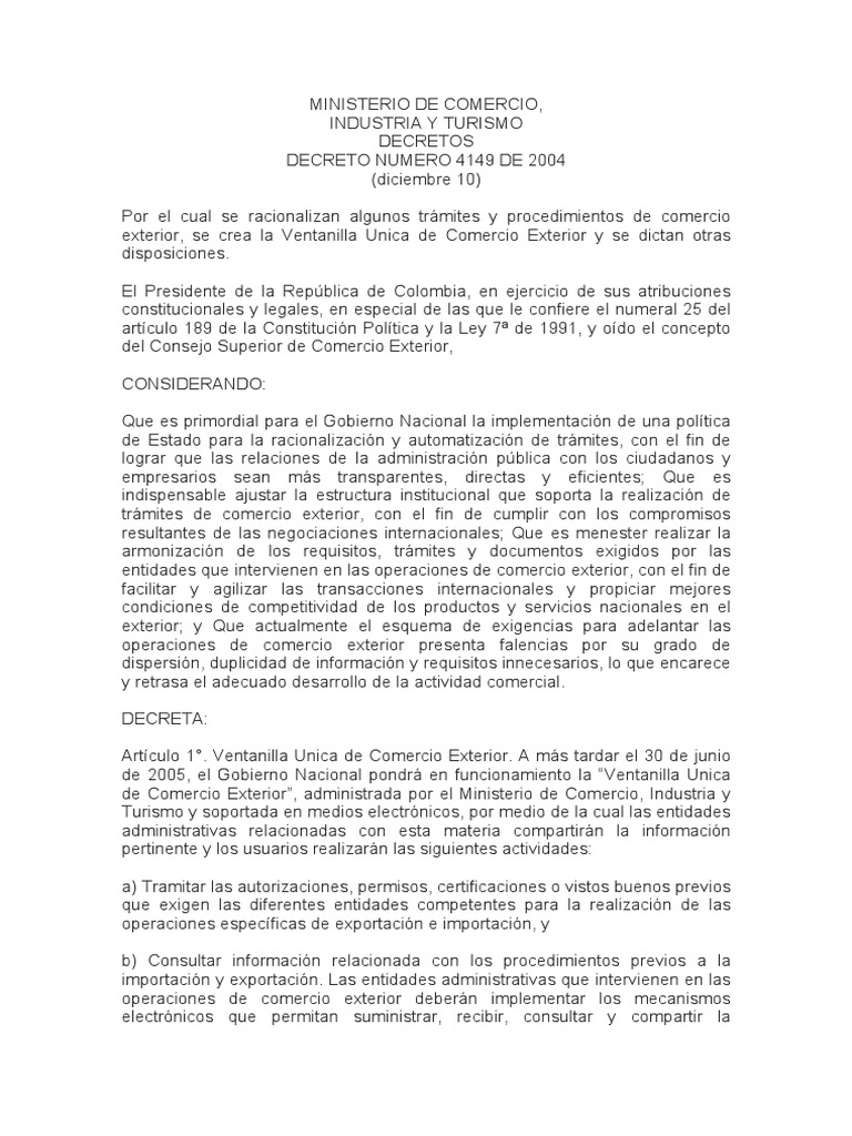 Decreto 4149 de 2004 PDF | PDF | El comercio internacional | Comercio