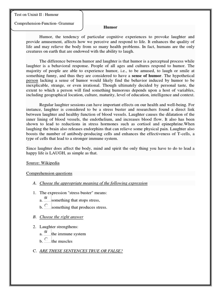 Humor: Test On Uninit II: Humour Comprehension-Function-Grammar | PDF ...