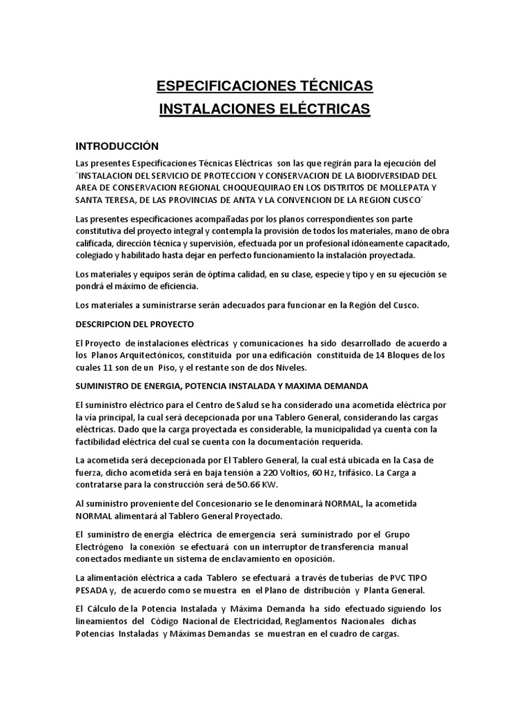 Especificaciones tecnicas de instalaciones electricas- edificaciones
