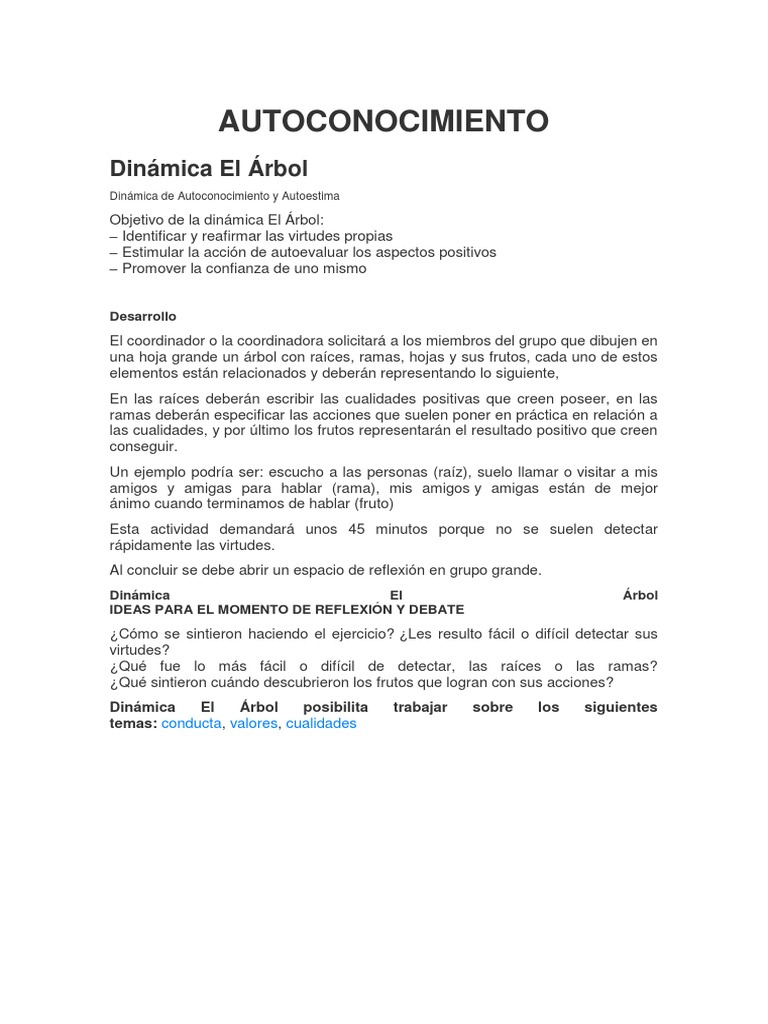 Dinámica El Árbol: Autoconocimiento | PDF | Salón de clases | Autoestima