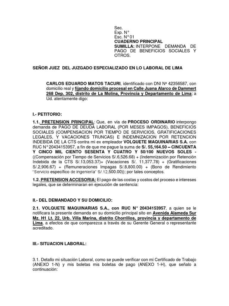 Demanda de Beneficios Sociales | PDF | Salario | Derecho laboral