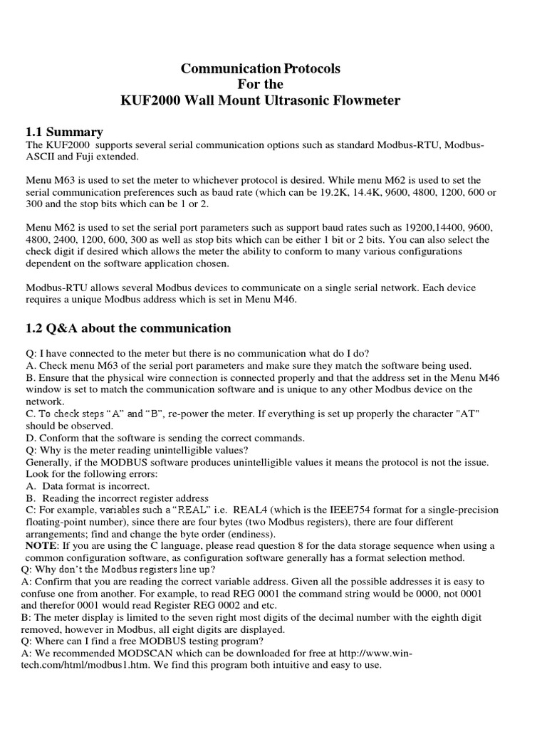 Communication Protocols For Kuf2000 Series Flow Meter Pdf Binary Coded Decimal Pointer 7329