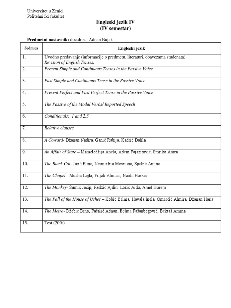 Engleski Jezik IV (IV Semestar) : Predmetni Nastavnik: Doc - Dr.sc ...