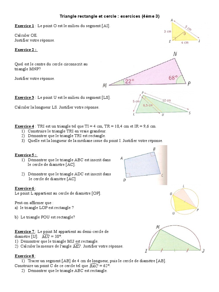 Triangle Rectangle Cercle Circonscrit Exercices 4eme | Triangle | Perpendicularité
