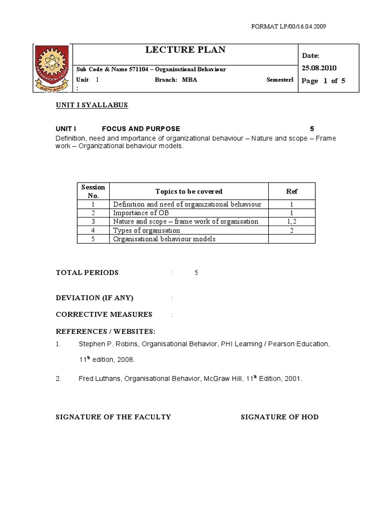 Lecture Plan: Date: 25.08.2010 Page 1 of 5: Unit I Syallabus | PDF ...