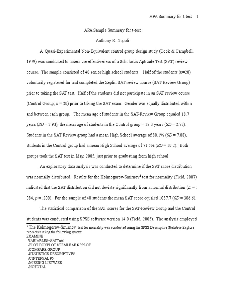 APA Sample Summary For Ttest | PDF | Sat | Student's T Test