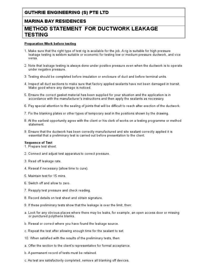 Method Statement For Ductwork Leakage Testing: Guthrie Engineering (S ...