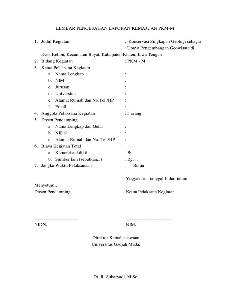 Contoh Lembar Pengesahan Laporan Kemajuan PKM | PDF
