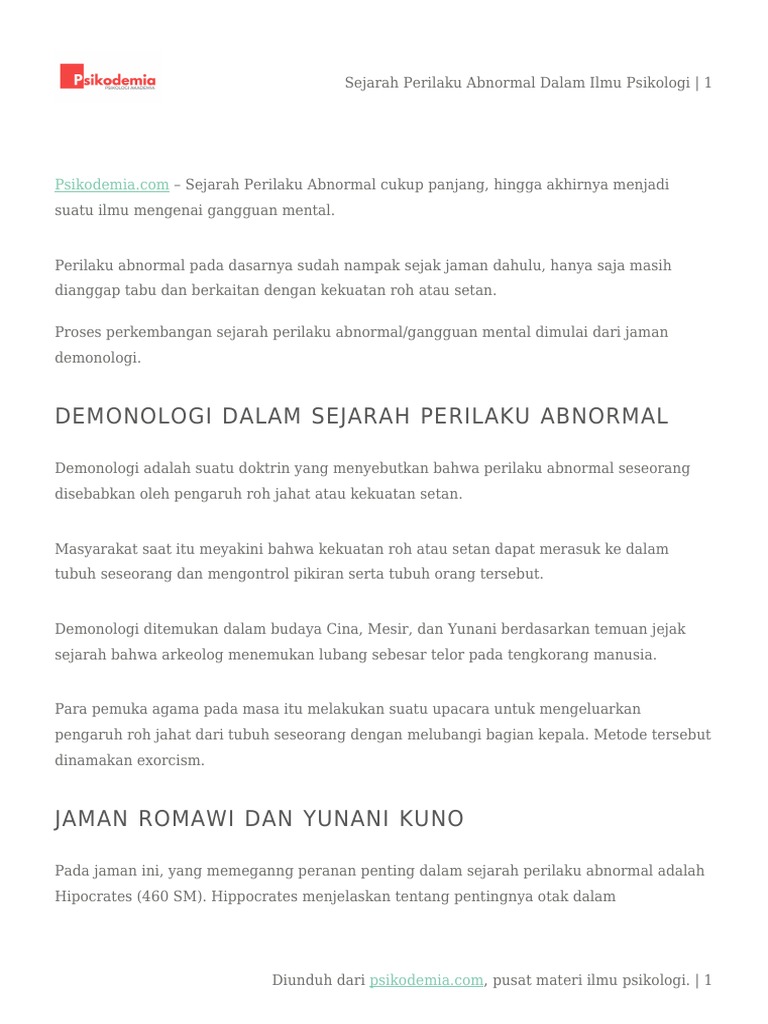 Sejarah Perilaku Abnormal Dalam Ilmu Psikologi | PDF