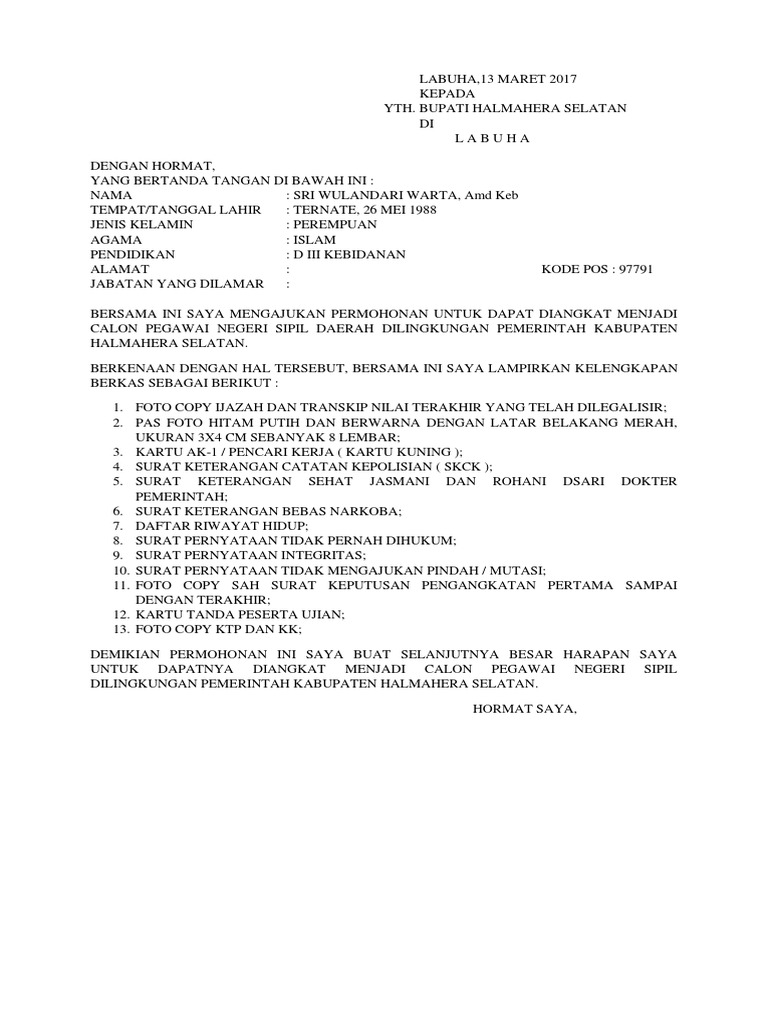 Surat Lamaran Cpns | PDF