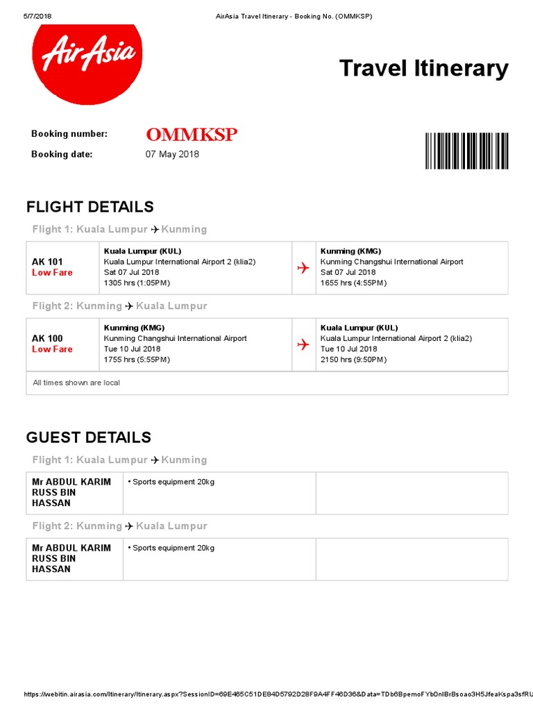 AirAsia Travel Itinerary - Booking No. (OMMKSP) KMG | PDF | Business