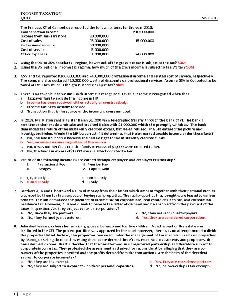 Taxation Quiz - A | Gross Income | Income Tax