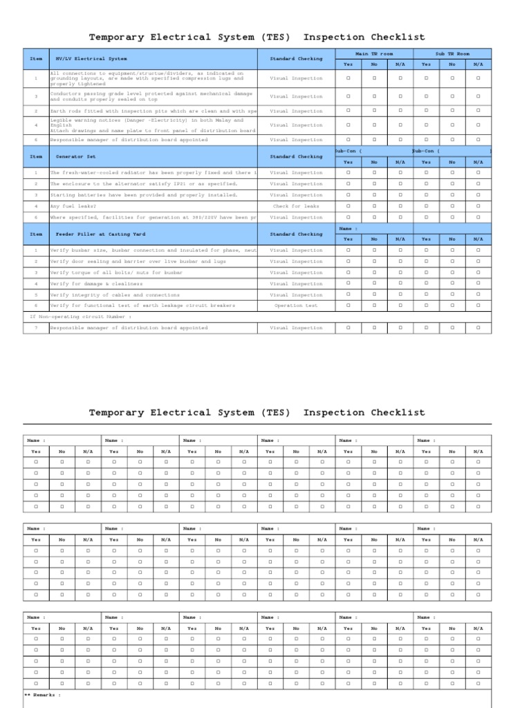 Temporary Electrical System Inspection Checklist | Electrical Equipment ...