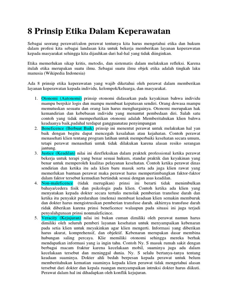 8 Prinsip Etika Dalam Keperawatan | PDF