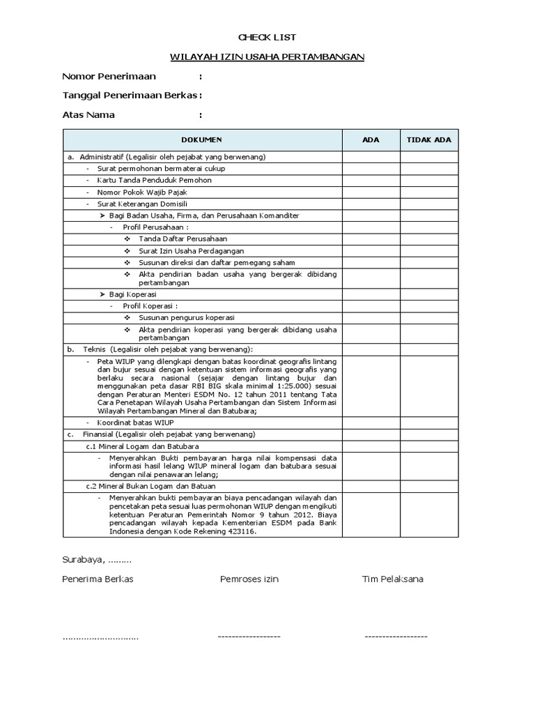 Check List Perizinan Esdm | PDF
