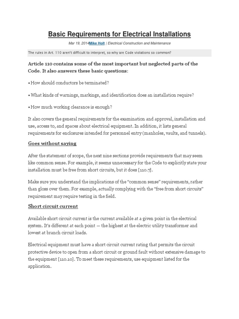 Article 100 - Basic Requirements For Electrical Installations | PDF ...