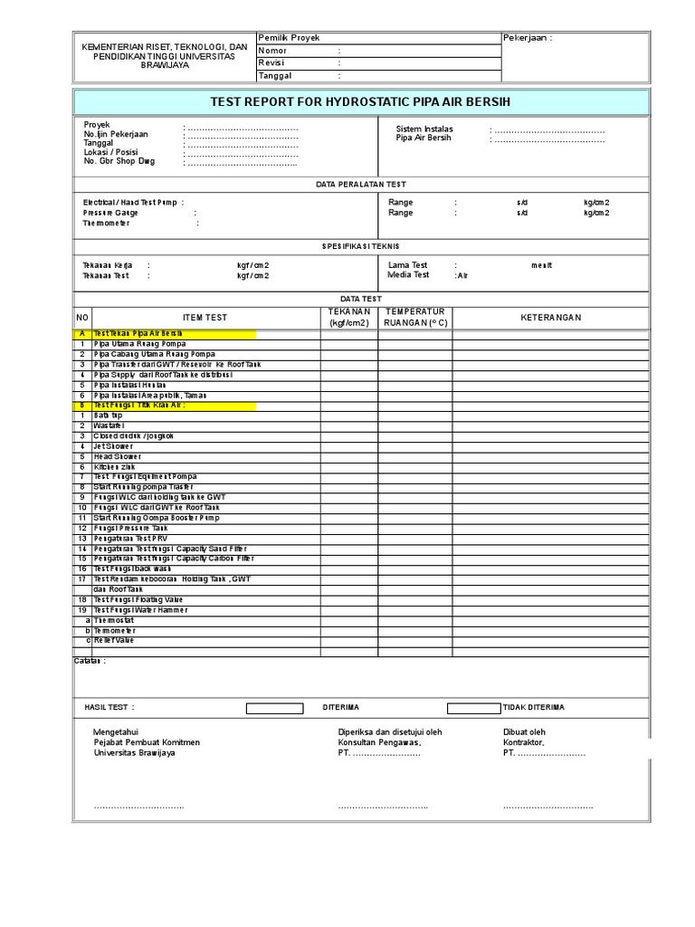 Form-Test Report HYDROSTATIC Pipa Air Bersih | PDF