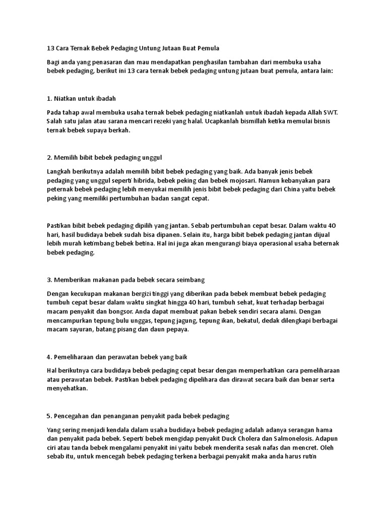 13 Cara Ternak Bebek Pedaging Untung Jutaan Buat Pemula | PDF