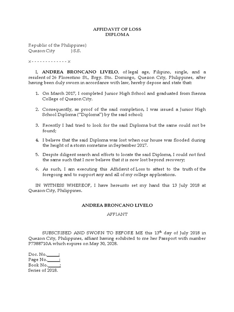 Affidavit of Loss of Diploma | PDF | Affidavit | Legal Documents